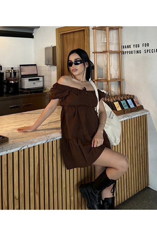 COTTONLAB 2351 Разкроена рокля от поплин - кафява- Trendyol