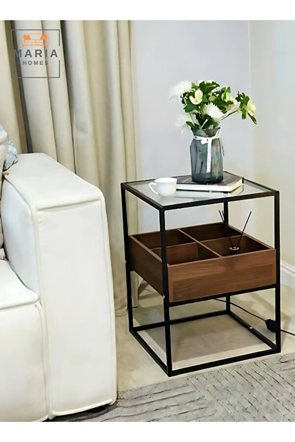 Maria Homes Modern Walnut Black Frame Coffee Table With Glass Top ...
