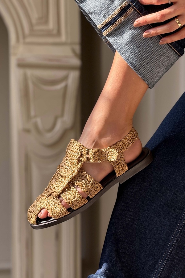 NİŞANTAŞI SHOES Ramona Tan Straw Braided Back Belt Detail Flat Sole ...