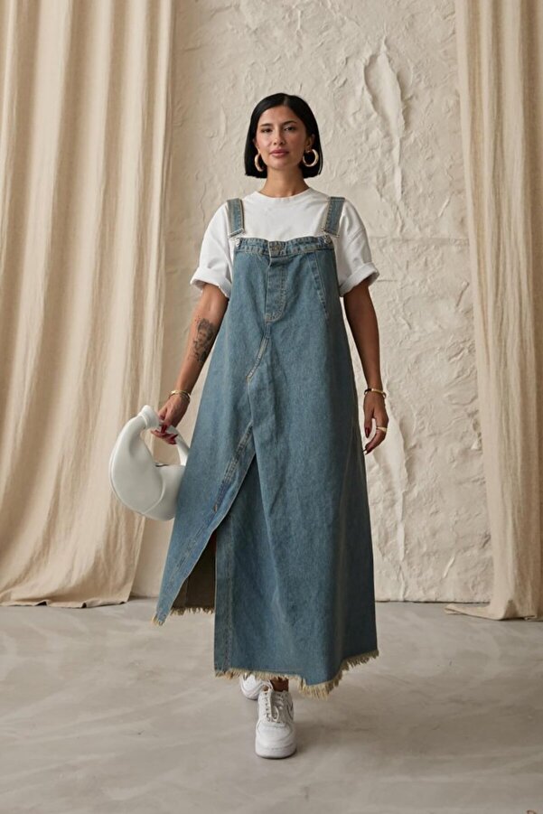 WebMediCode Синя дънкова рокля с презрамки и копчета- Trendyol