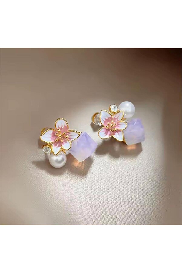 Pelin Aksesuar Flower Pink Cube Stone Earrings- Trendyol