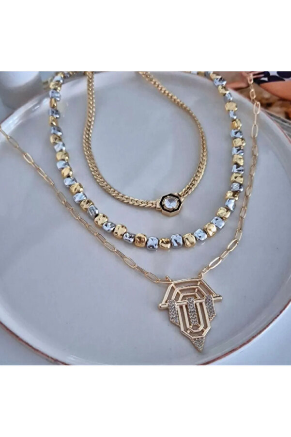 Ervalina 's Knight, Wicker and Gold Dented Bead Necklace Set- Trendyol
