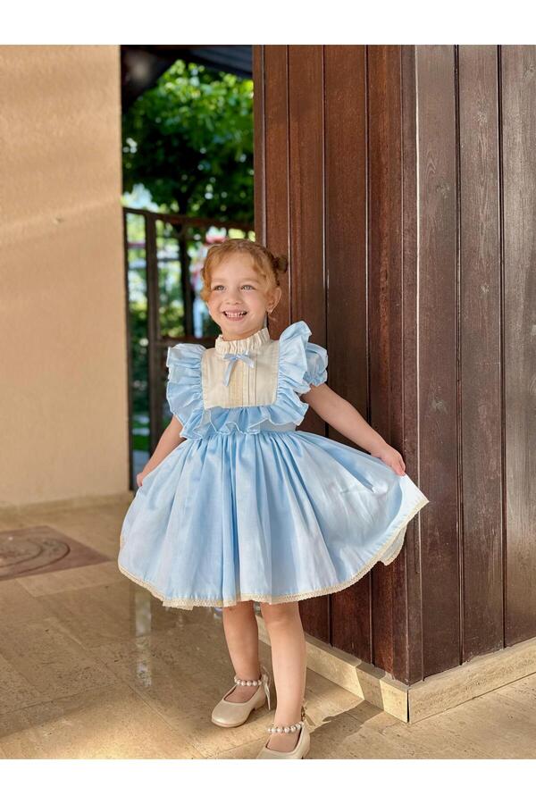 Linarookids Vintage Baby Girl Dress with Laurel Blue Bow, Birthday Dress, Photo Shoot Dress ...