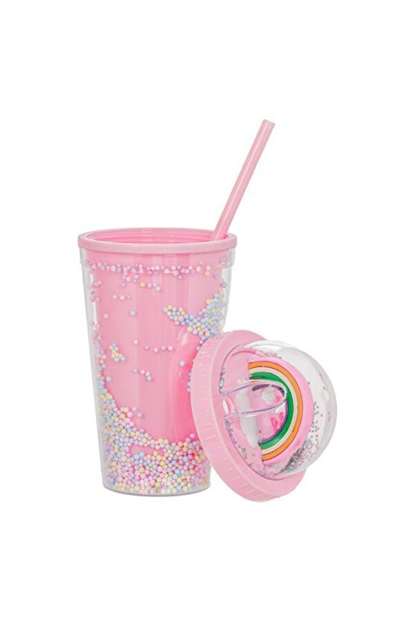 SyaMAG Pahar de plastic cu capac și pai roz, 450 ml- Trendyol