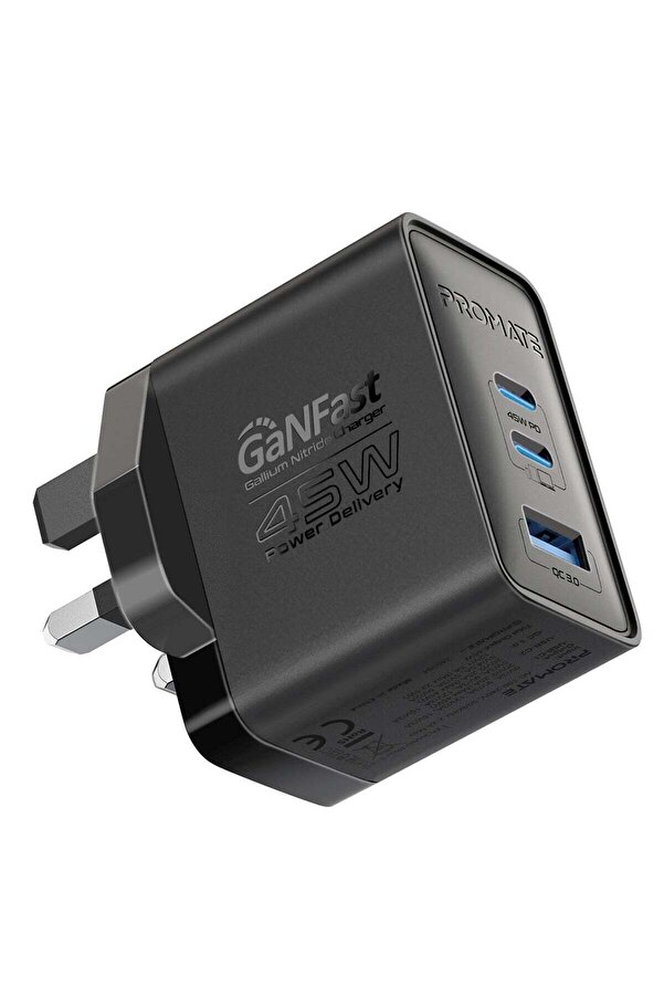 Promate Ultra-Compact Triple Port GaNFast Charger with Dual PD45W USB-C ...
