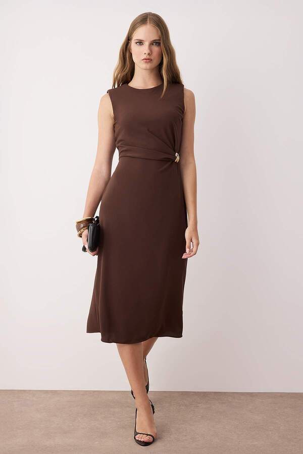 Trendyol Collection Brown Straight Body Wrap Midi Woven Dress with Accessory Detail ...