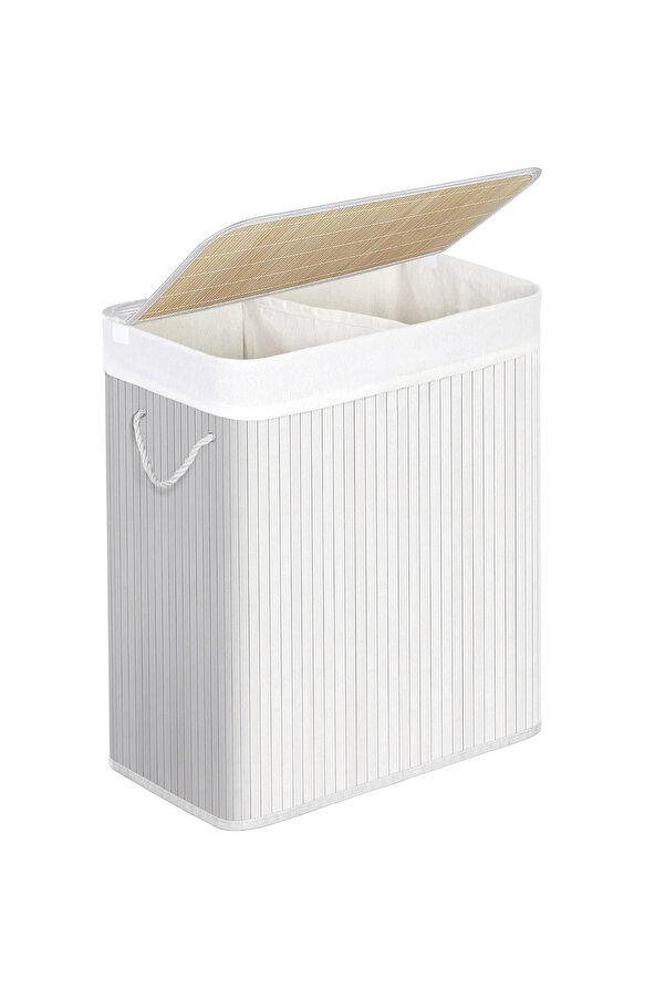SONGMICS Cos de rufe din bambus cu capac, 2 compartimente, volum 100L ...