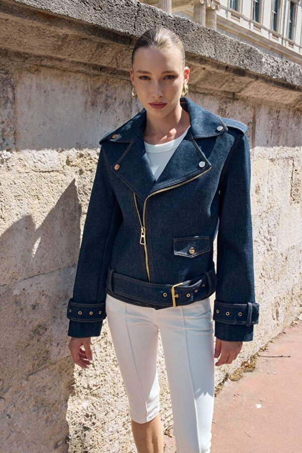 RM Collect Denim Jacket with Horizontal Zipper and Folding Collar ...