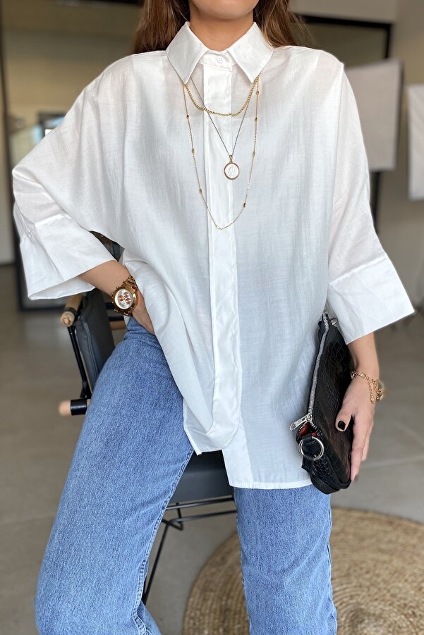 FEMELLE Women's White Hidden Buttoned Poor Sleeve Loose Fit Oversize ...