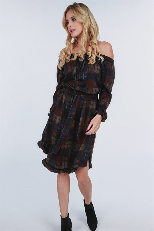 fasardi Madonna Collar Plaid Midi Dress- Trendyol