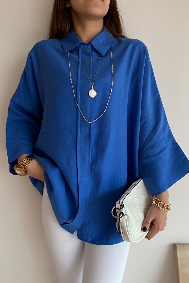 FEMELLE Women's Saks Blue Hidden Buttoned Poor Sleeve Loose Fit ...