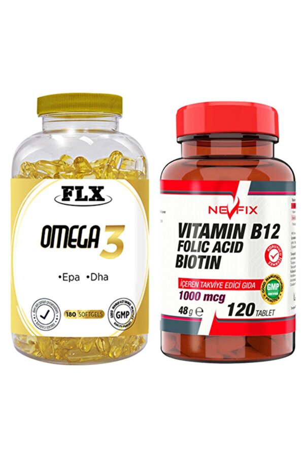 FLX Omega 3 Fish Oil - Nevfix Vitamin B12 180 Softgel, 1000Mcg 120 ...