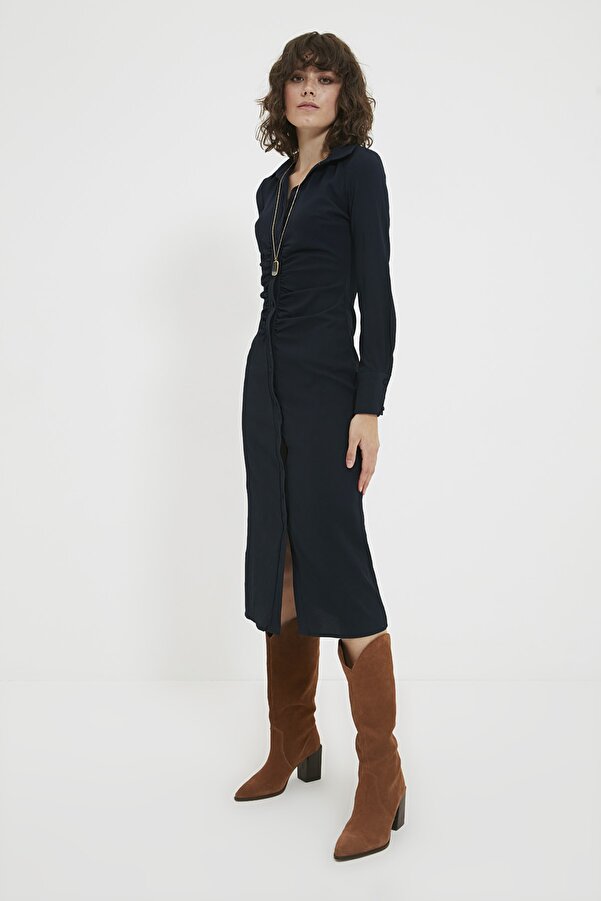 Trendyol Collection Marineblaues, gewebtes Midi-Kleid mit Rüschen und ...