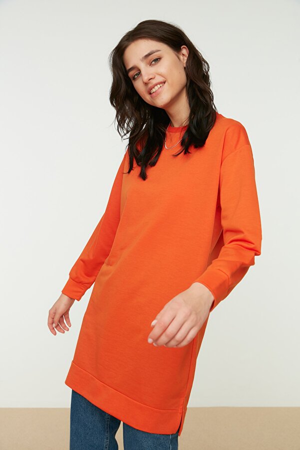TRENDYOL MODEST Orange Crew Neck Slit Detailed Basic Knitted Sweatshirt ...