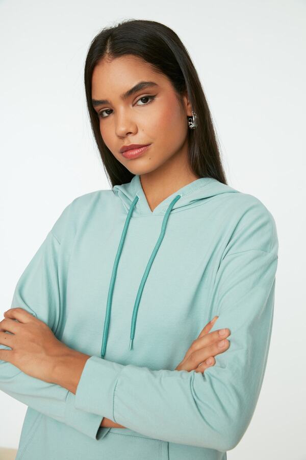 TRENDYOL MODEST Mint Hooded Kangaroo Pocket Slit Detailed Basic Knitted Sweatshirt TCTAW22TW0139 ...