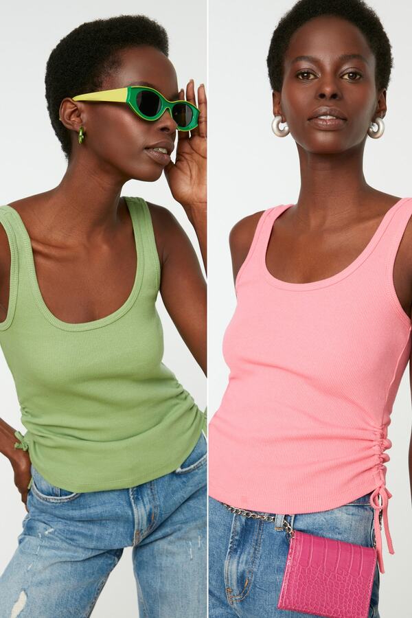 Trendyol Collection Pink-Mint 2 Pack Gather Detailed Pool Neck Ribbed ...