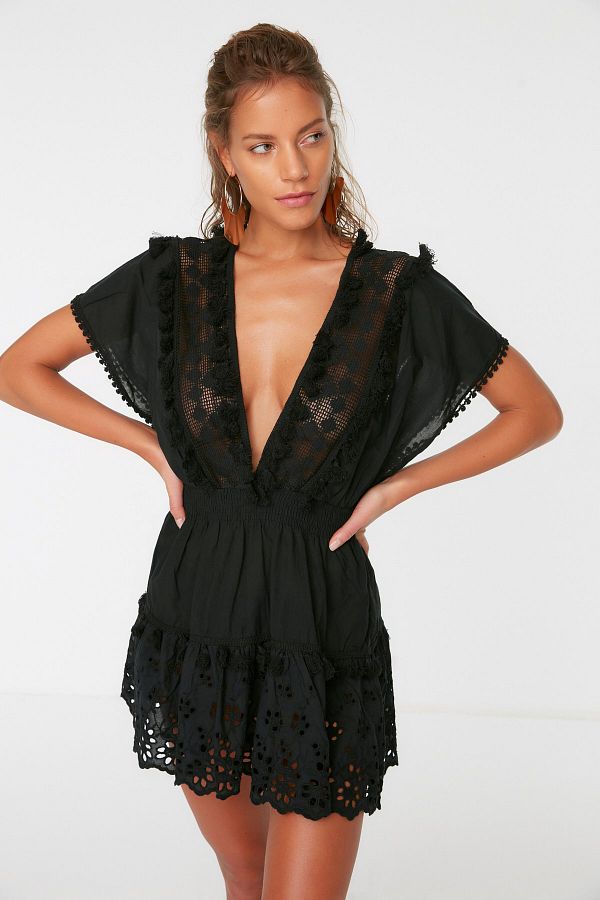 Trendyol Collection Schwarzes Mini Strandkleid Aus 100 Baumwolle Mit
