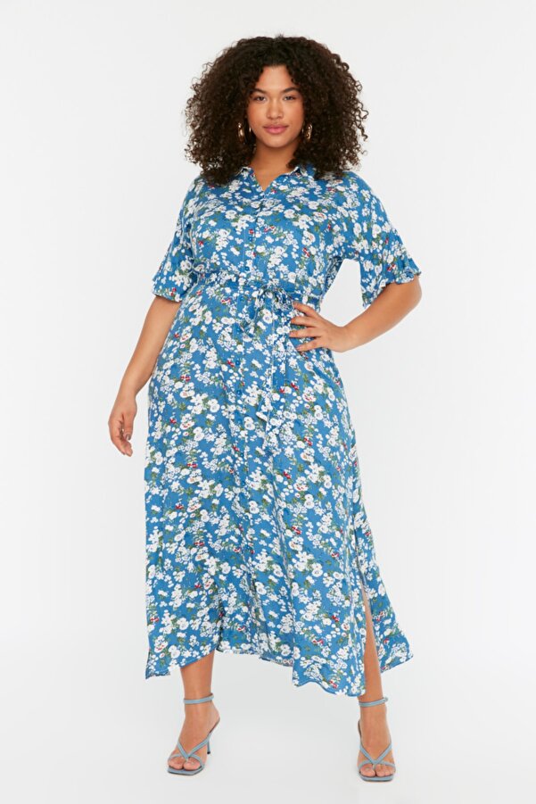 Trendyol Curve Marineblaues gewebtes Kleid mit Blumenmuster, Schlitz ...