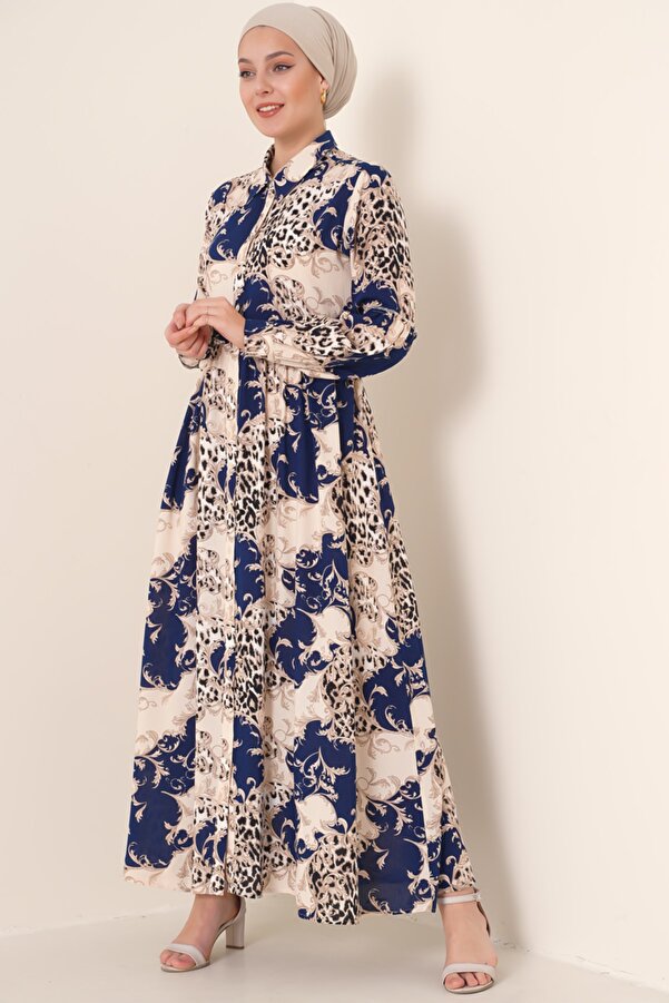 Bigdart Marineblaues Kleid mit Hijab-Muster und Hemdkragen für Damen ...