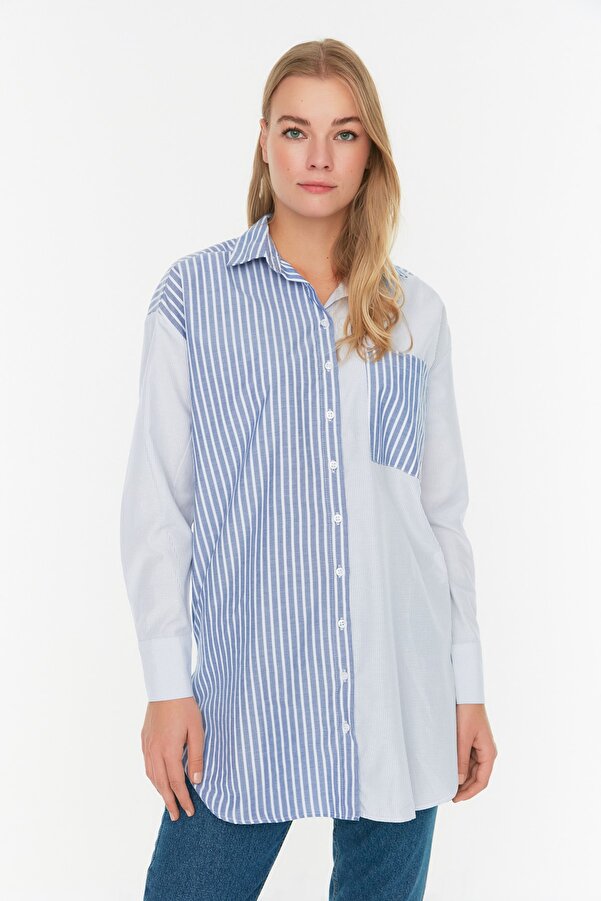 TRENDYOL MODEST Blue Striped Pocket Detailed Shirt TCTSS22GO00003 ...