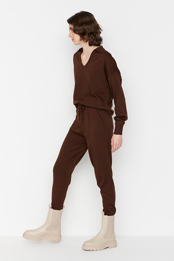 Trendyol Collection Brown Polo Collar Knitwear Top and Bottom Set ...