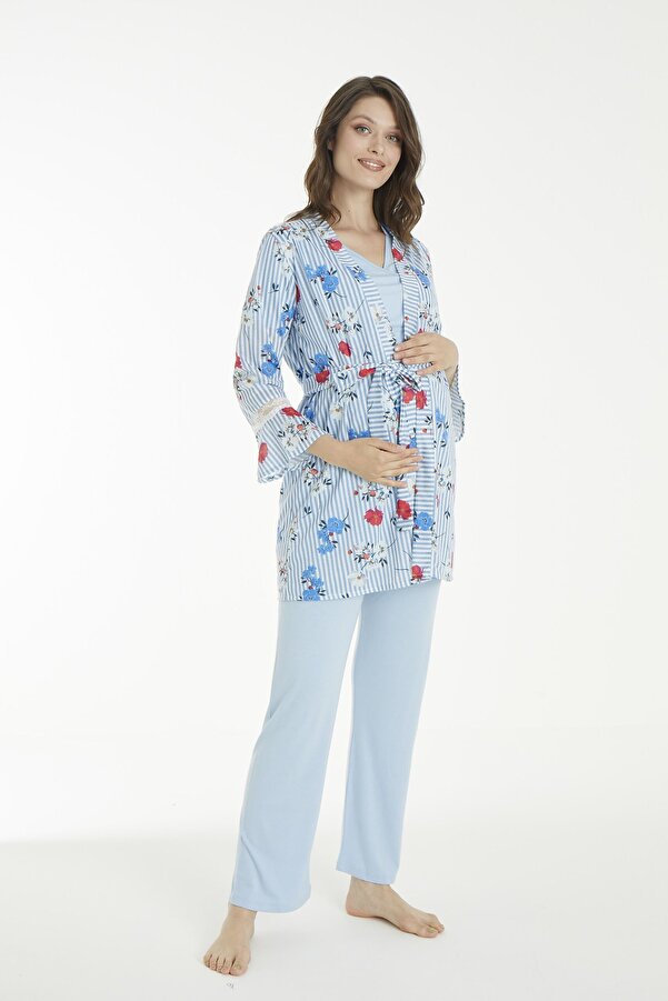 Miss Dünya Lissa Blue Floral Patterned Maternity and Pregnant Pajamas ...
