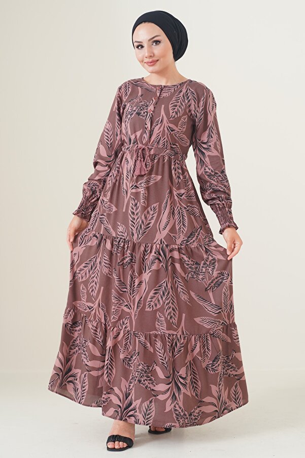 Bigdart 2145 فستان حجاب منقوش - بني- Trendyol
