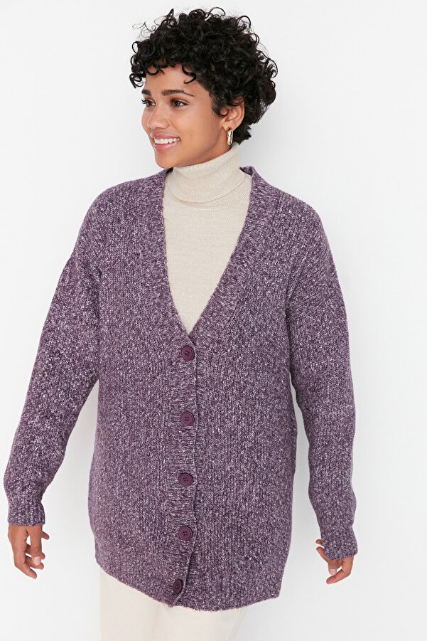 TRENDYOL MODEST Purple Buttoned V-Neck Knitwear Cardigan TCTAW22HI0397 ...
