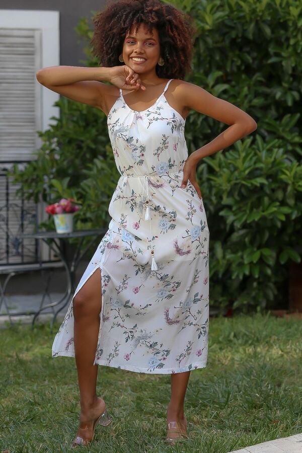 Chiccy Дамска бяла обикновена тъкана рокля с презрамки с V-образно ...