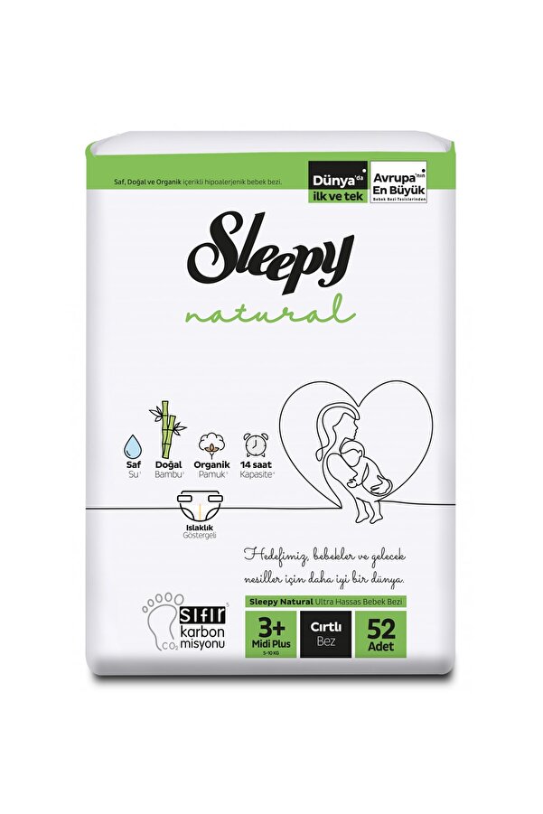 Sleepy Natural 2 Liter Jumbo Baby Diapers Midi Plus 3+ Size 52 Pieces 5 ...