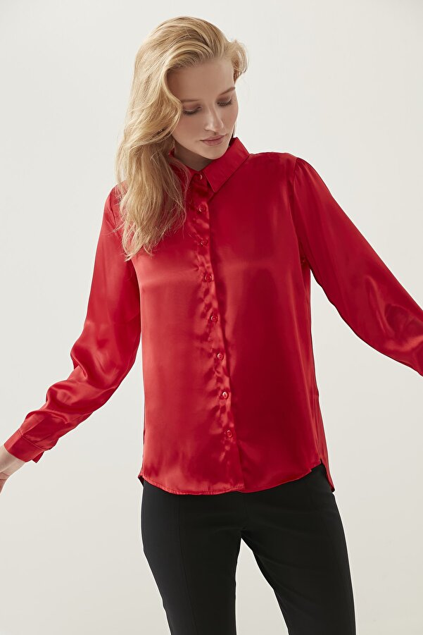 MEECY Women's Red Satin Shirt- Trendyol