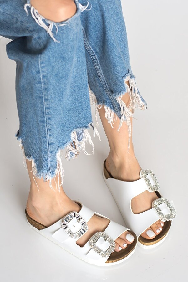 İmerShoes Papuci de damă transparenți alb-negru - Cataramă de piatră ...