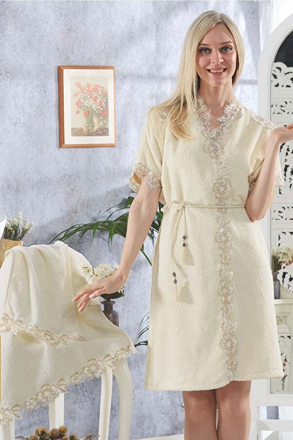 Bonny Home Women's Cream French Lace Honeymoon Dowry Fancy Bathrobe Set ...