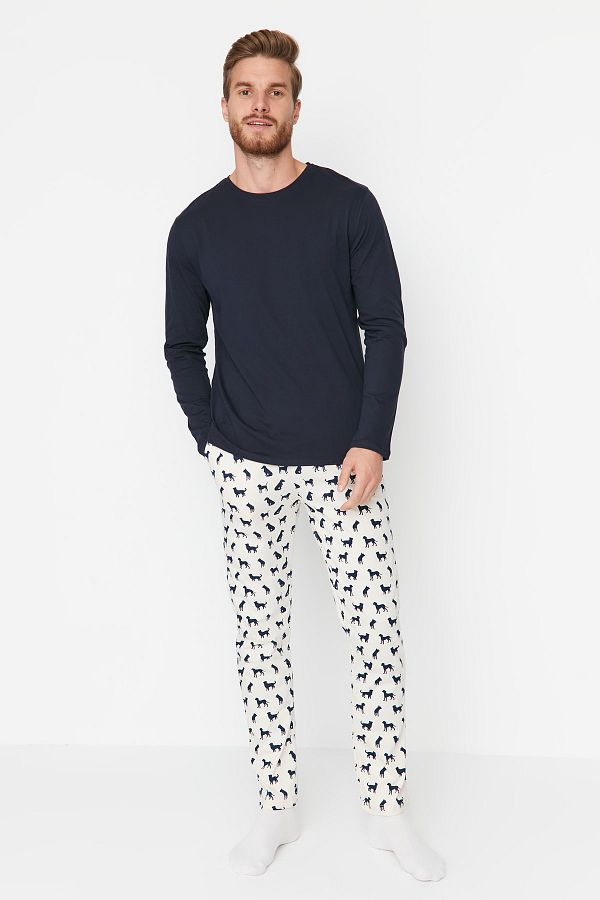 Trendyol Collection Marineblaues Herren Pyjama Set Aus 100 Baumwolle