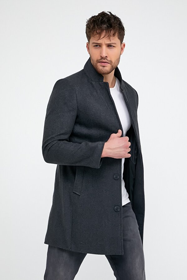 MODAMESTO Men's Anthracite Slim Fit Stand Collar Coat- Trendyol