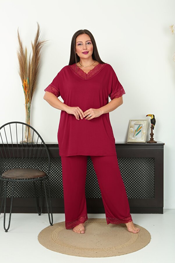 XL Modam Women's Plus Size Claret Red Pajama Set- Trendyol