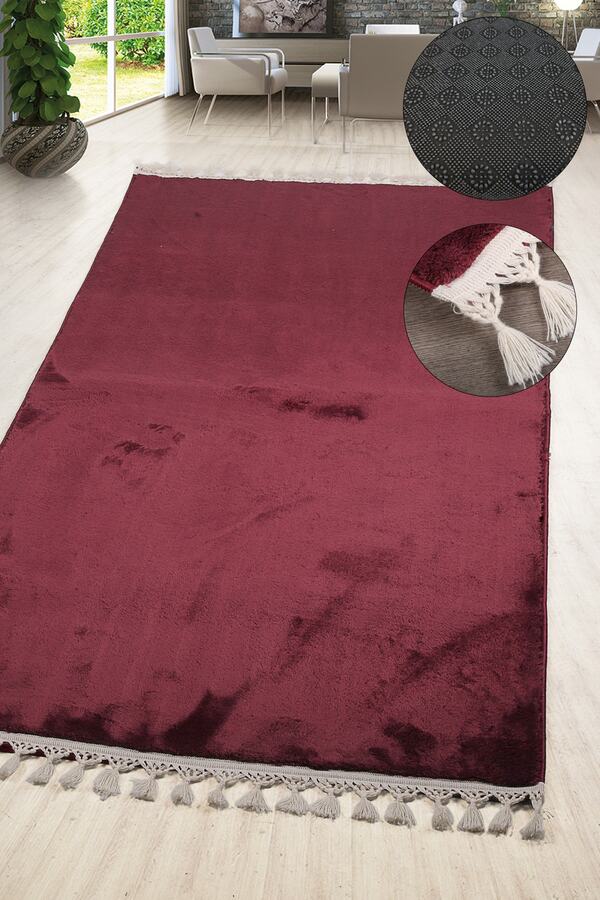 Bonny Home Relax Plum Stain Resistant Washable Non-Slip Pompom Fringed ...