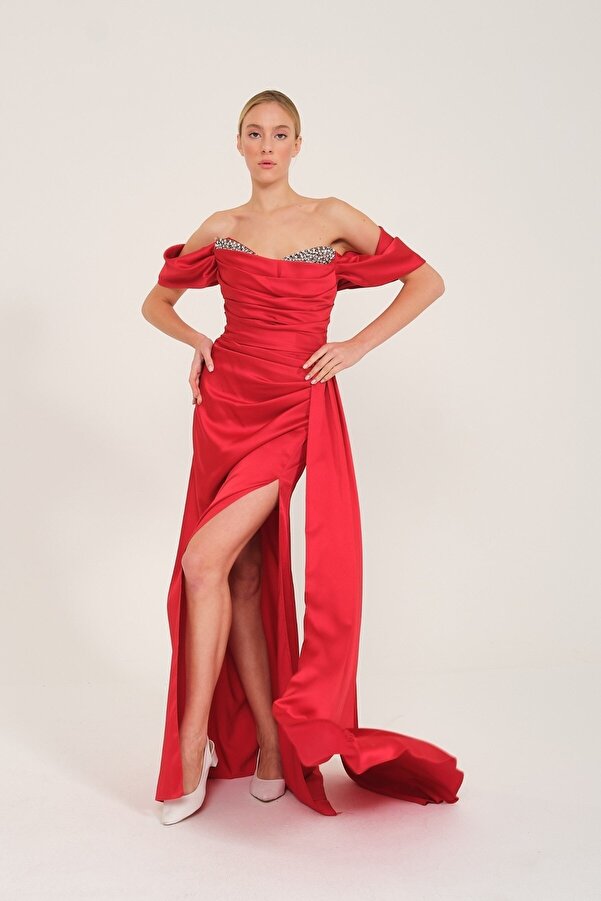 SpringStore Red Chest Piece Stone Embroidered Evening Dress- Trendyol