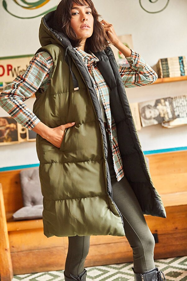 Olalook Women's Khaki Black Double Sided Padded Hooded Woven Vest YLK ...