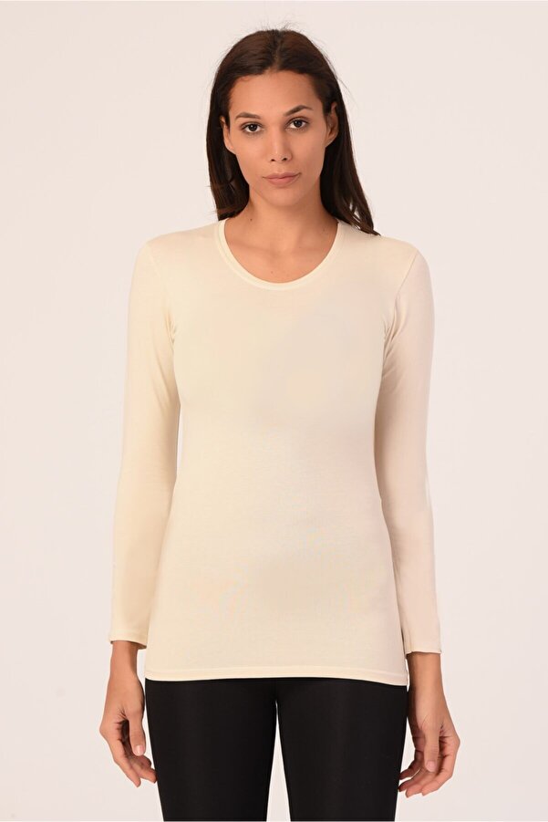 DISENTIS MODEST Gât rotund mânecă lungă viscoză bej Body - Trendyol