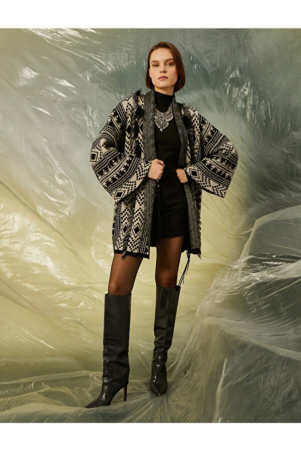 Koton Feather Detailed Belted Oversize Cardigan - Trendyol