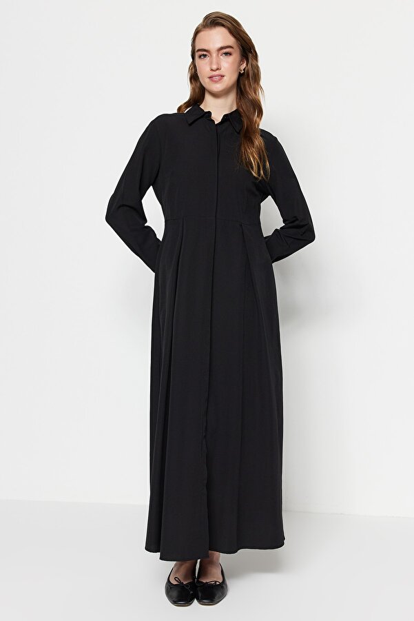 TRENDYOL MODEST Black Hidden Placket Back Tie Detailed Cotton Woven ...