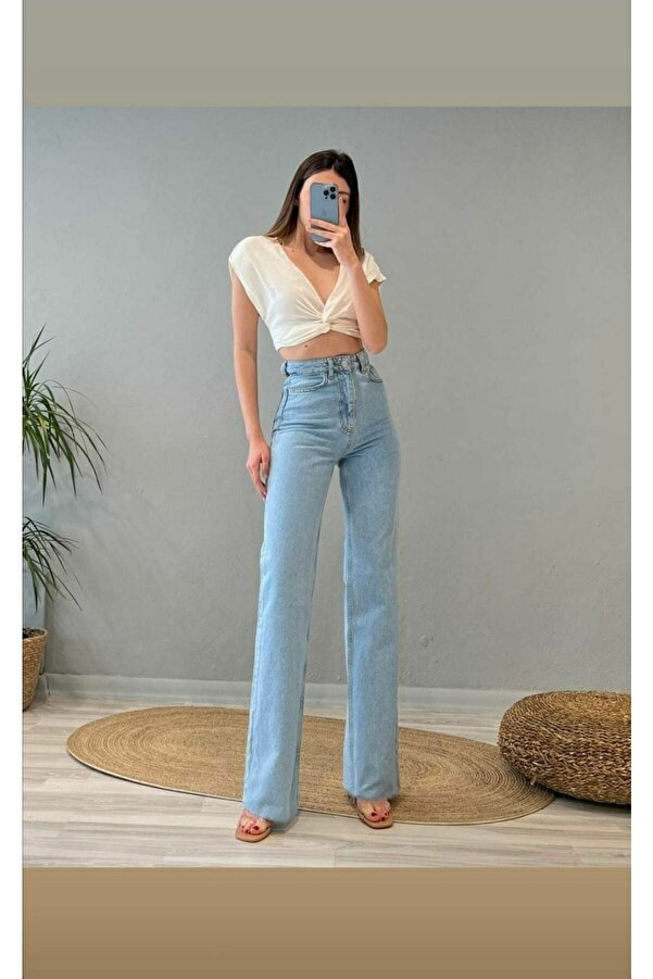 LİMABEL Sia Blue Snow Wash High Waist Wide Leg Denim Jeans - Wide Leg ...