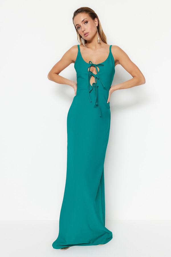 Trendyol Collection Emerald Green Woven Piping Long Evening Dress Gown ...