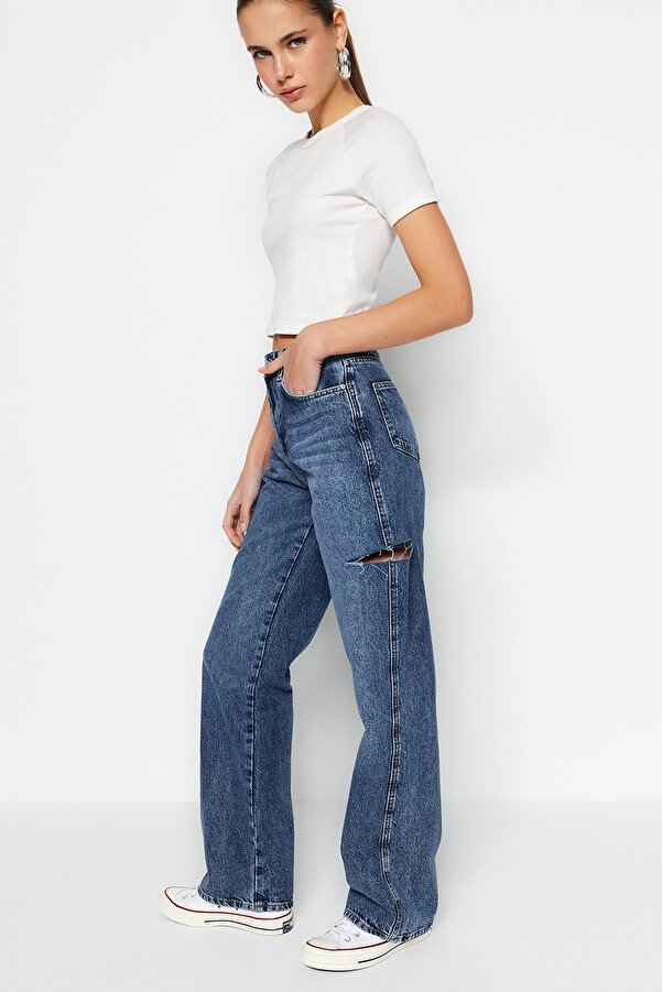 Trendyol Collection Dark Blue Ripped High Waist Wide Leg Jeans ...