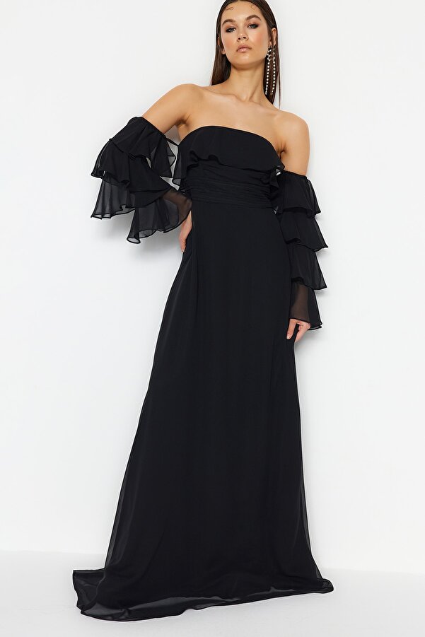 Trendyol Collection Rochie de seara lunga din sifon negru - croiala A ...