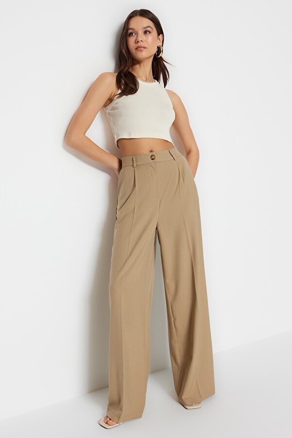 Trendyol Collection Khaki Color Wide-Leg Woven Trousers - Iron-On Trace ...