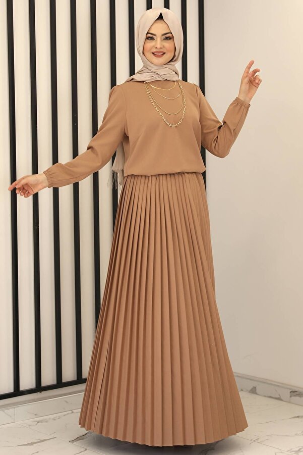 Fashion Showcase Pleated Skirt - Judge Collar Tunic Double Set Mink - Design - Fsc3012- Trendyol