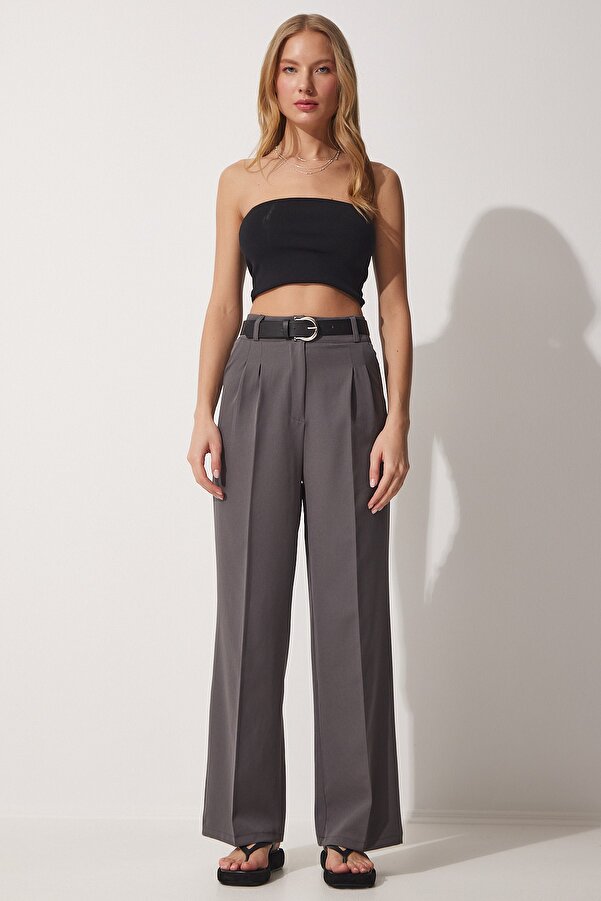 Happiness İstanbul Women's Smoked Wide Leg Masculine Woven Trousers ...