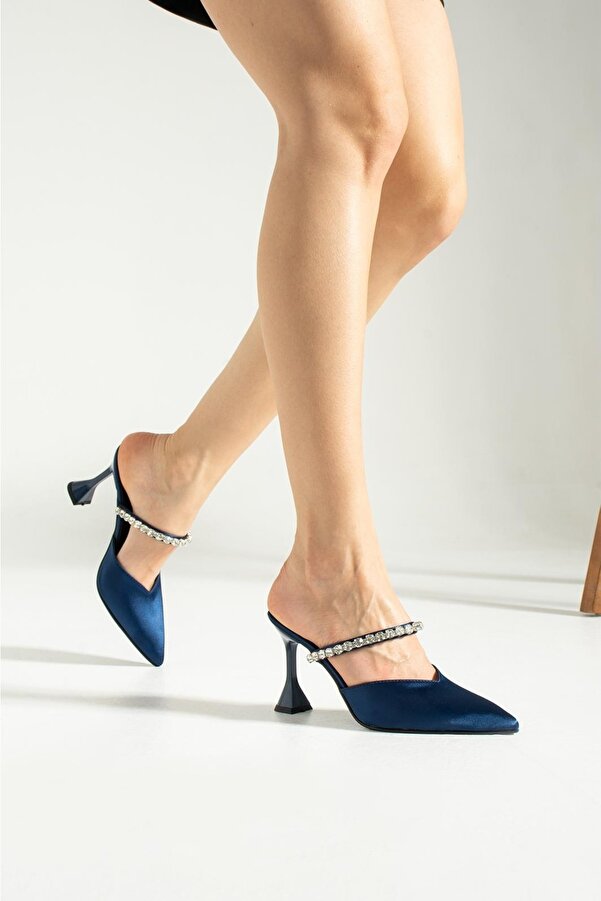 DUXAL SHOES Navy Blue Satin Stone Detailed Heeled Shoes- Trendyol